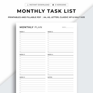 Monthly Task List, Monthly Planner Printable, to Do List Template ...