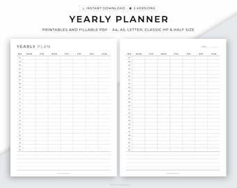 Yearly Planner Printable, Annual Planner, Yearly Overview, Year at a ...