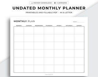 Undated Monthly Planner Printable Landscape,monday & Sunday Start,ink ...