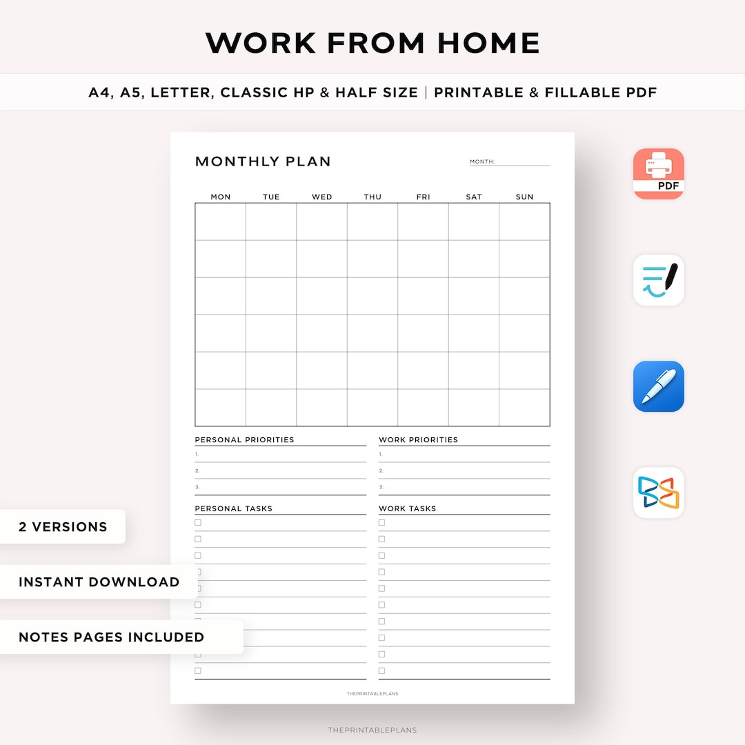 Work From Home Monthly Planner, Personal & Work to Do List, Office Work ...