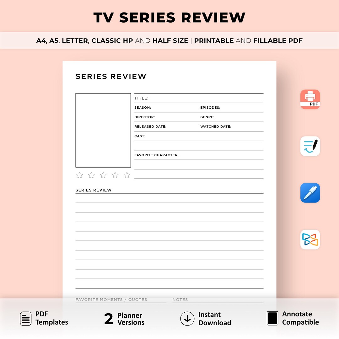 TV Series Review Page Printable, Series Review, Television Show Log, TV ...