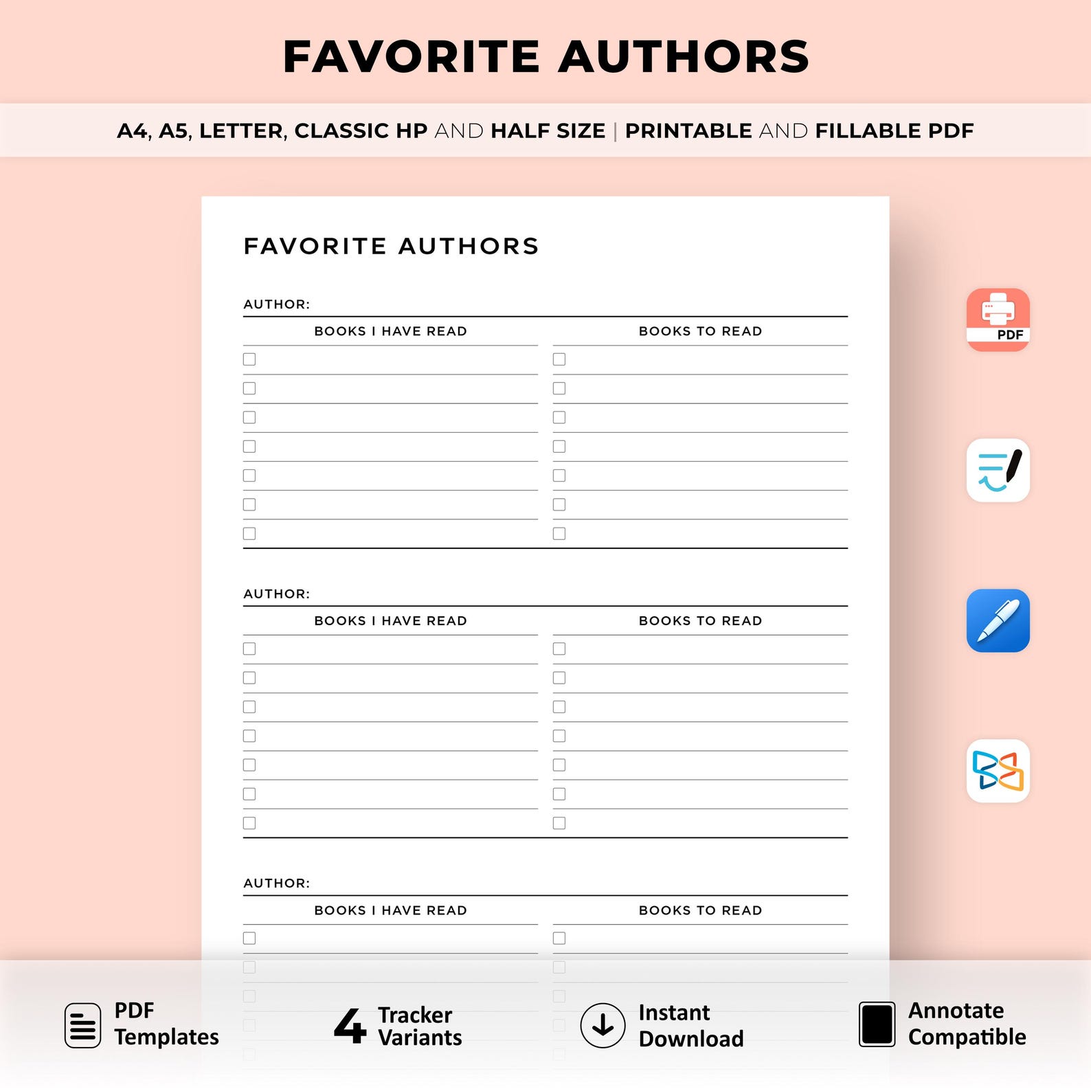 Favorite Author Tracker Printable, Track Author Names, Book Journal ...