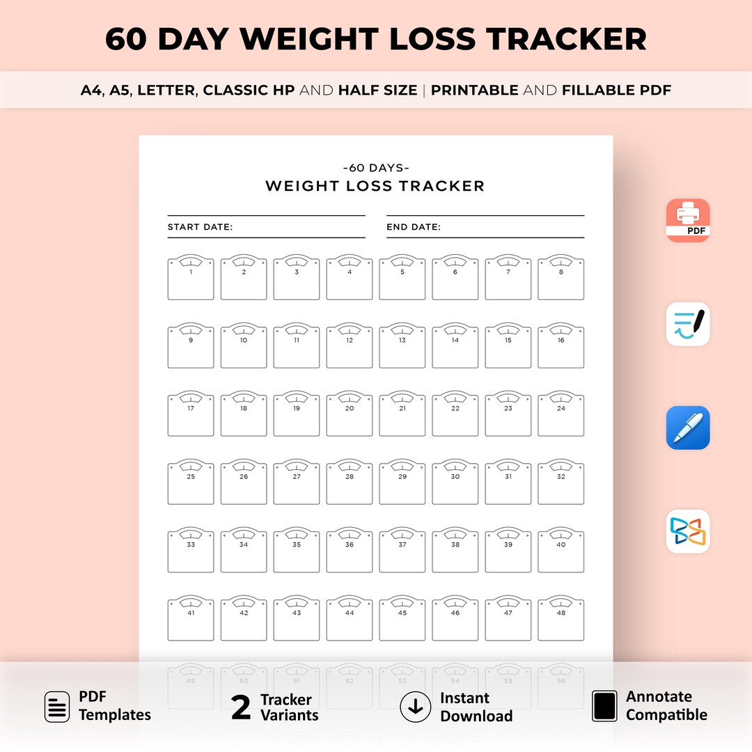 Weight Tracker Printable, 60 Day Weight Loss Planner, Weight Goal ...