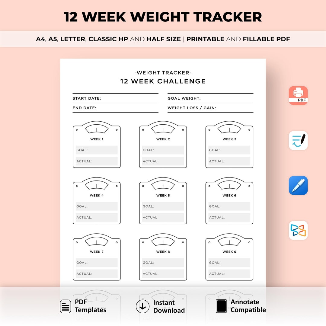 12 Week Weight Tracker Printable, 12 Week Challenge, Weight Loss ...