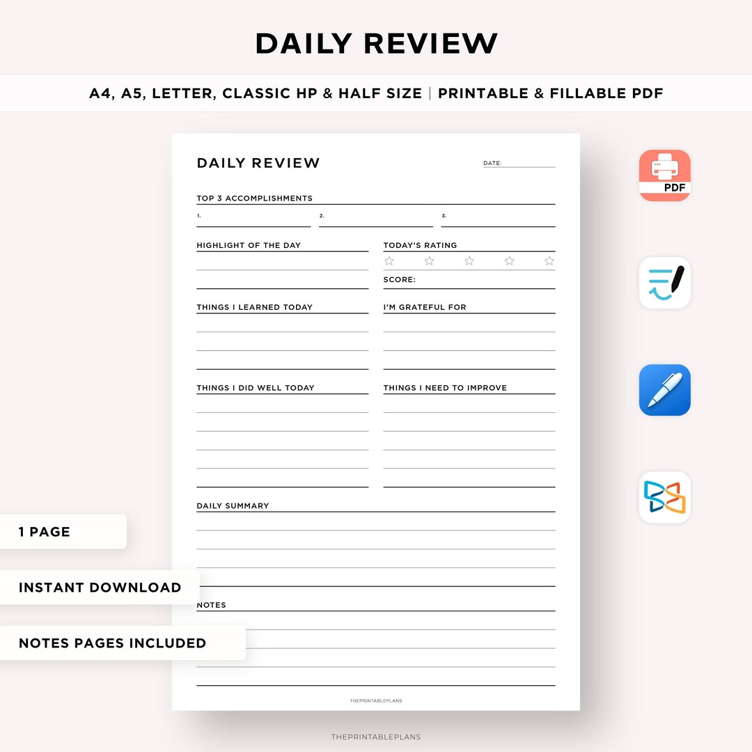 Daily Review Printable, Daily Reflection, Printable Daily Review ...
