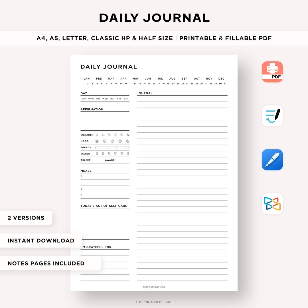 Daily Journal Printable, Goodnotes Journal, Diary Journal, Self Care ...
