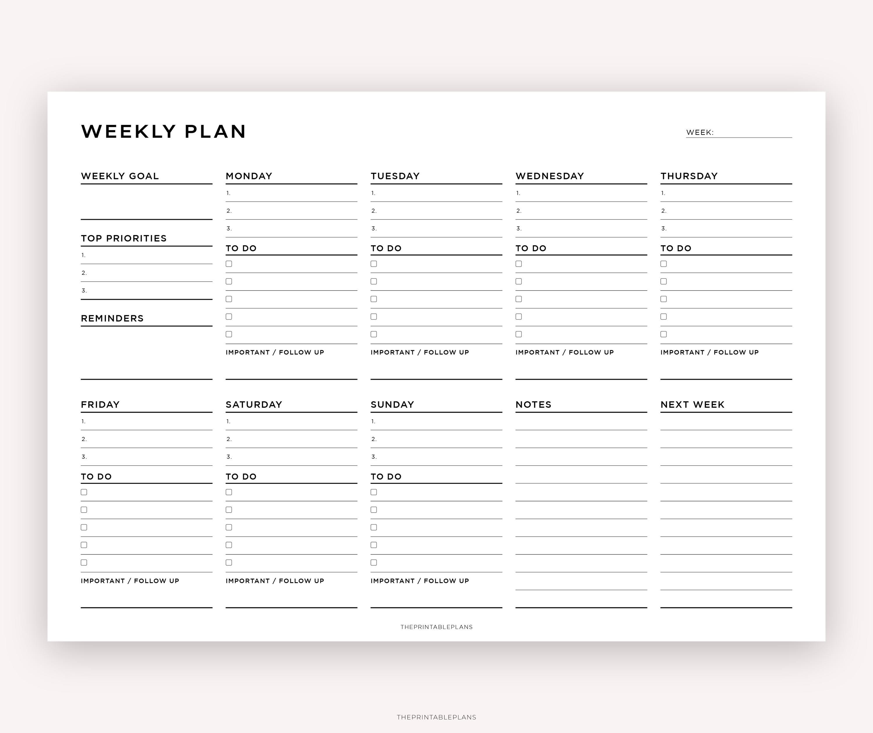 Weekly Planner Printable Landscape, Weekly Schedule, Week at a Glance ...
