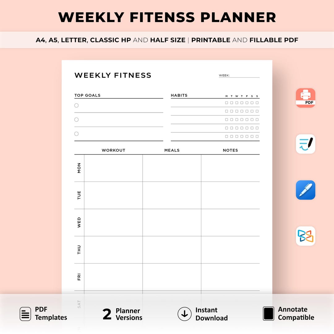 Weekly Fitness Planner Printable, Meal Planner, Diet Planner, Workout ...