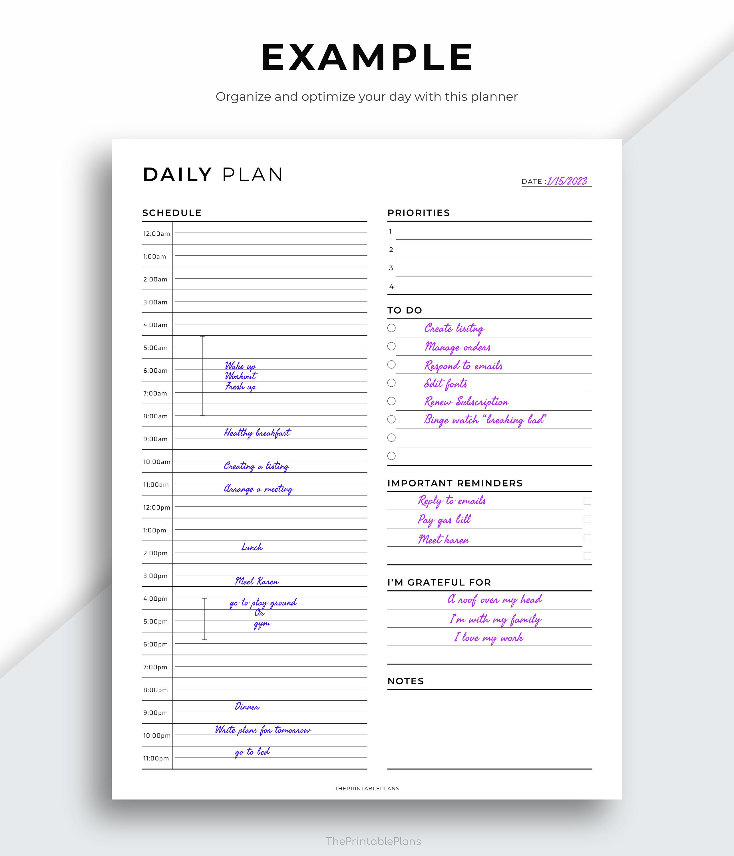 24 Hour Daily Planner Printable, Hourly Planner, Daily Planner, to Do ...