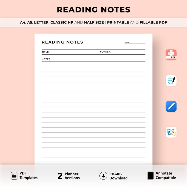 Reading Notes Template Printable, Book Notes Printable, Reading Log ...