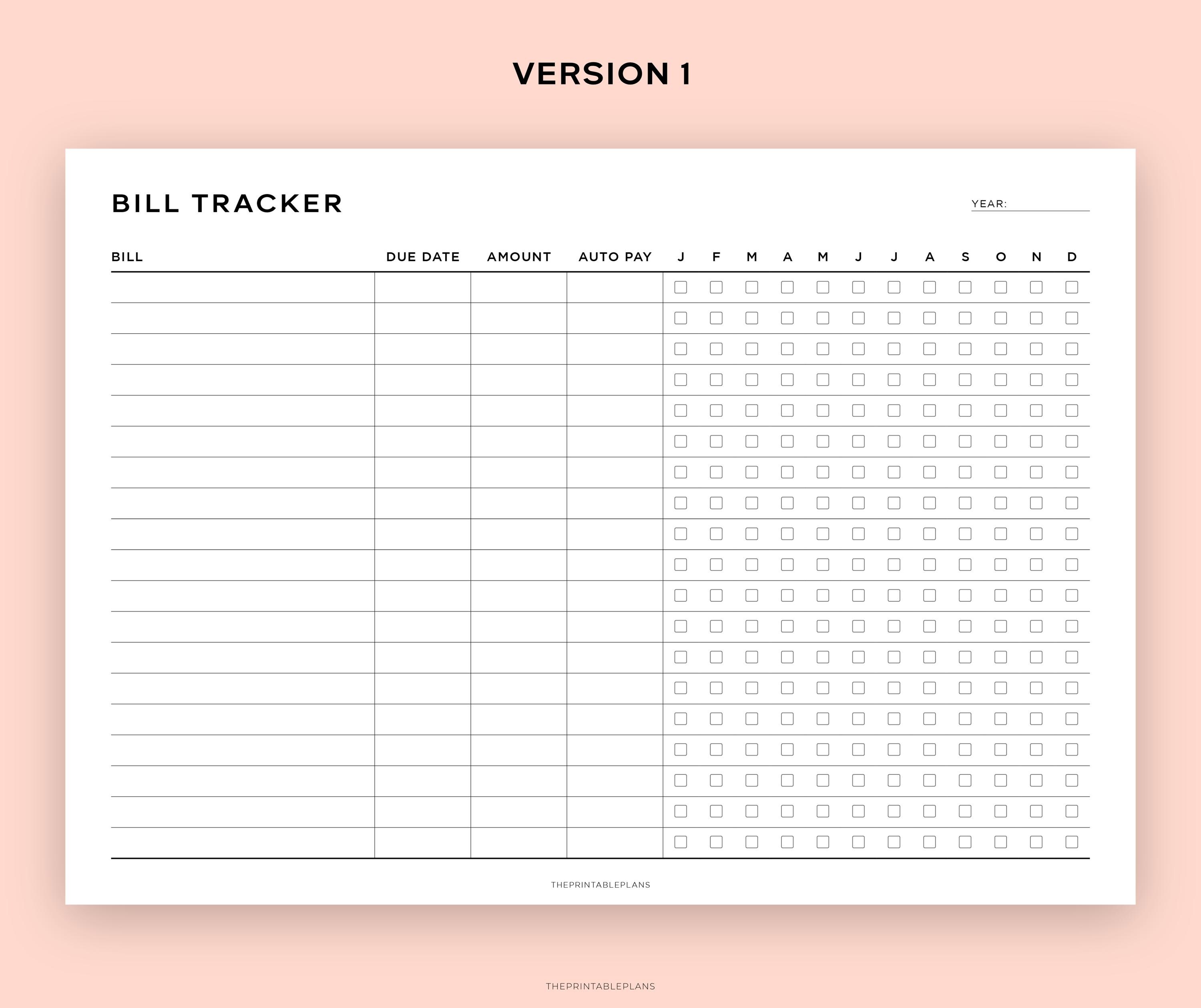 Yearly Bill Tracker Printable, Bill Payment Checklist, Bill Organizer ...