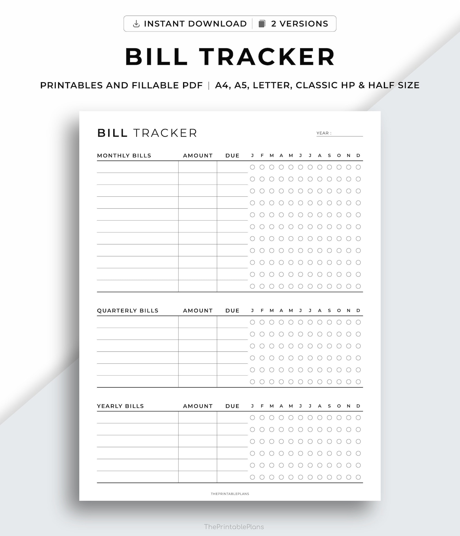 Monthly, Quartly, Yearly Bill Tracker on One Page Printable, Bill ...