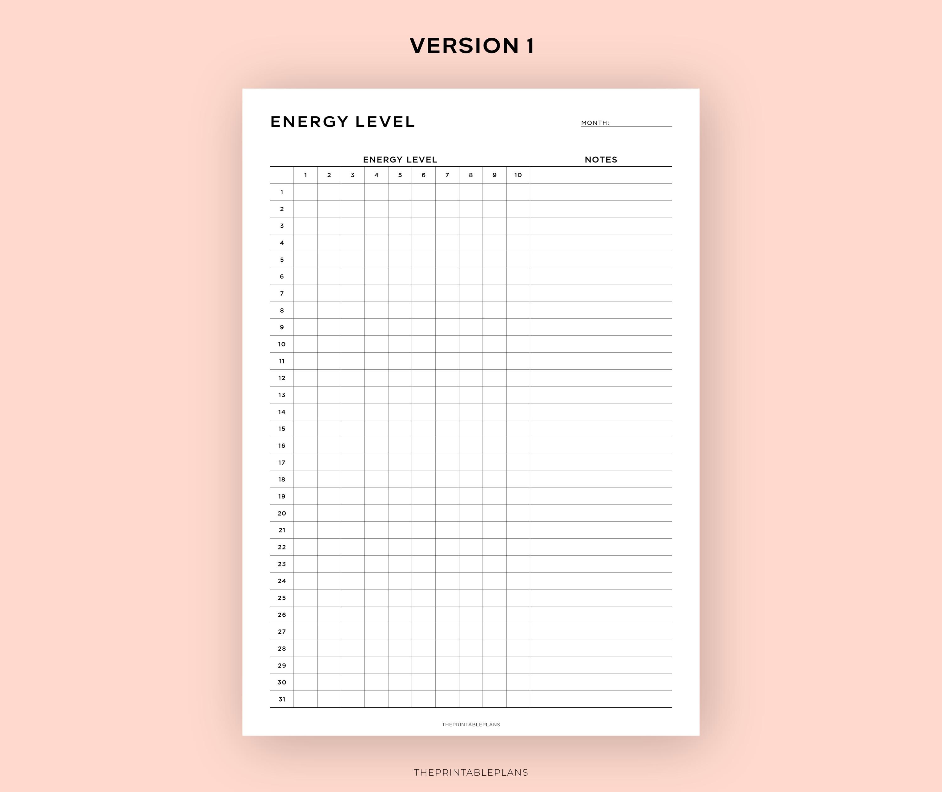 Daily Energy Level Tracker Printable, Monthly Energy Level Tracker ...