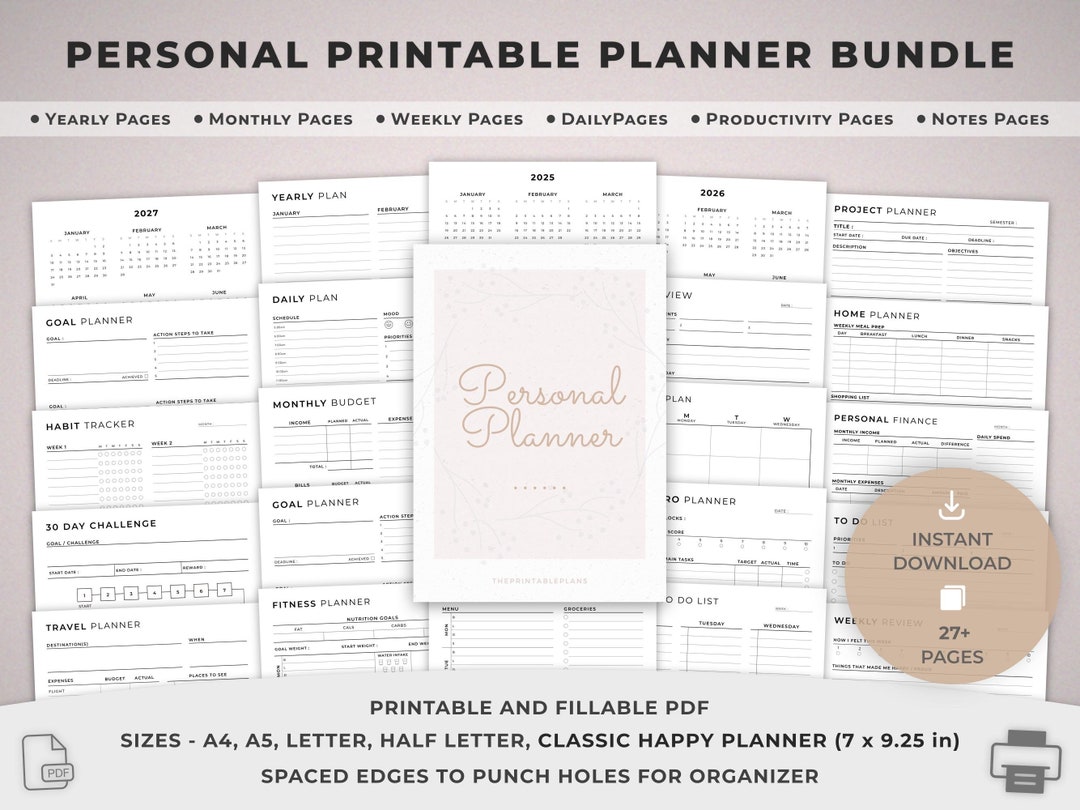 Printable Planner, Personal Planner Bundle, Daily Weekly Monthly ...