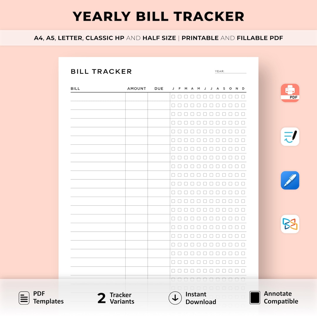 Yearly Bill Tracker Printable, Bill Payment Checklist, Bill Organizer ...