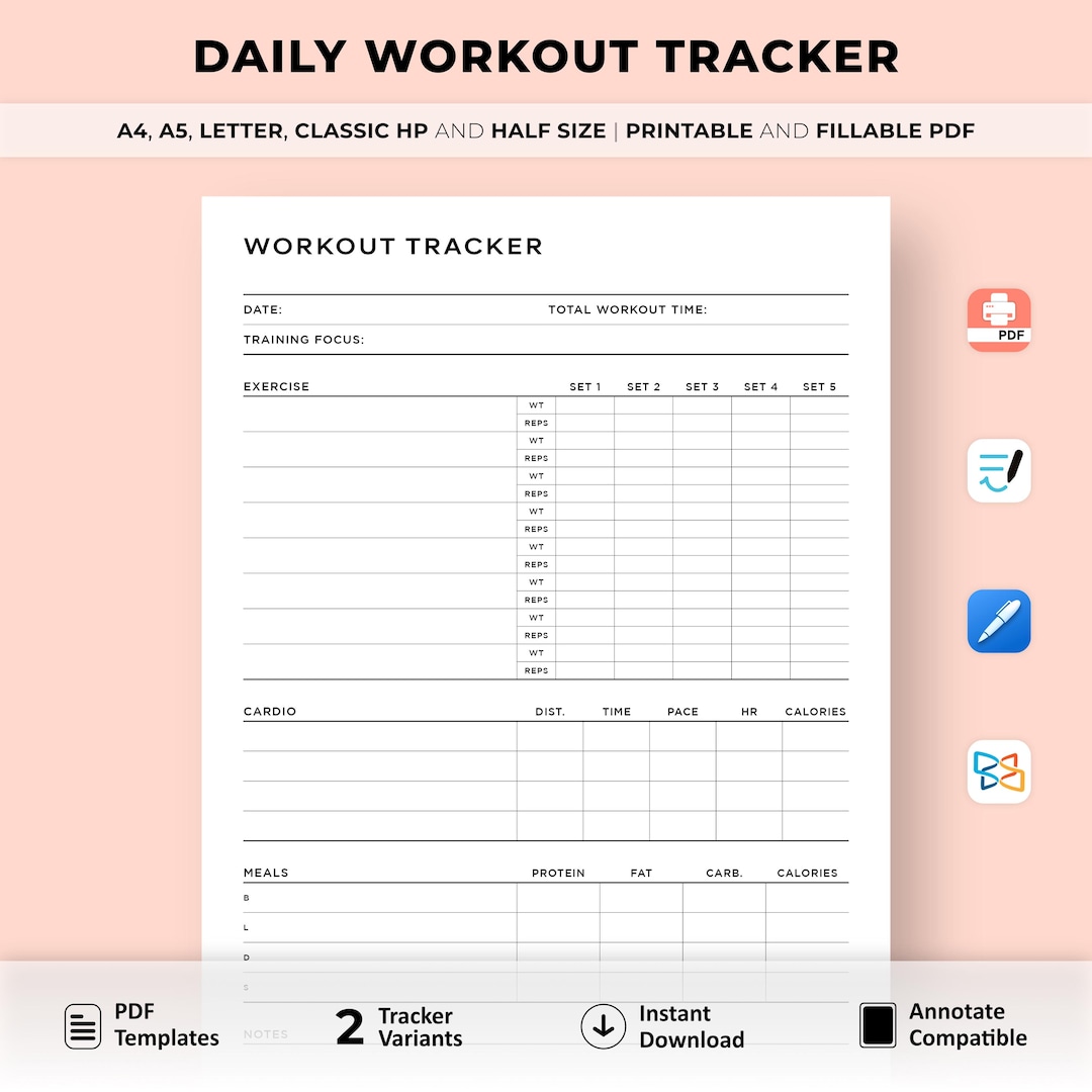 Workout Tracker Printable, Daily Exercise Log, Fitness Journal, Workout ...