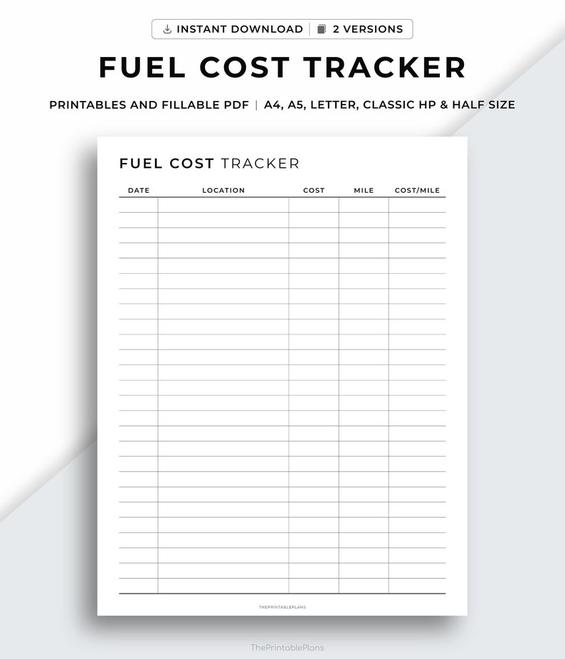 Fuel Cost Tracker Printable, Vehicle Fuel Cost per Mile, Fuel Expense ...