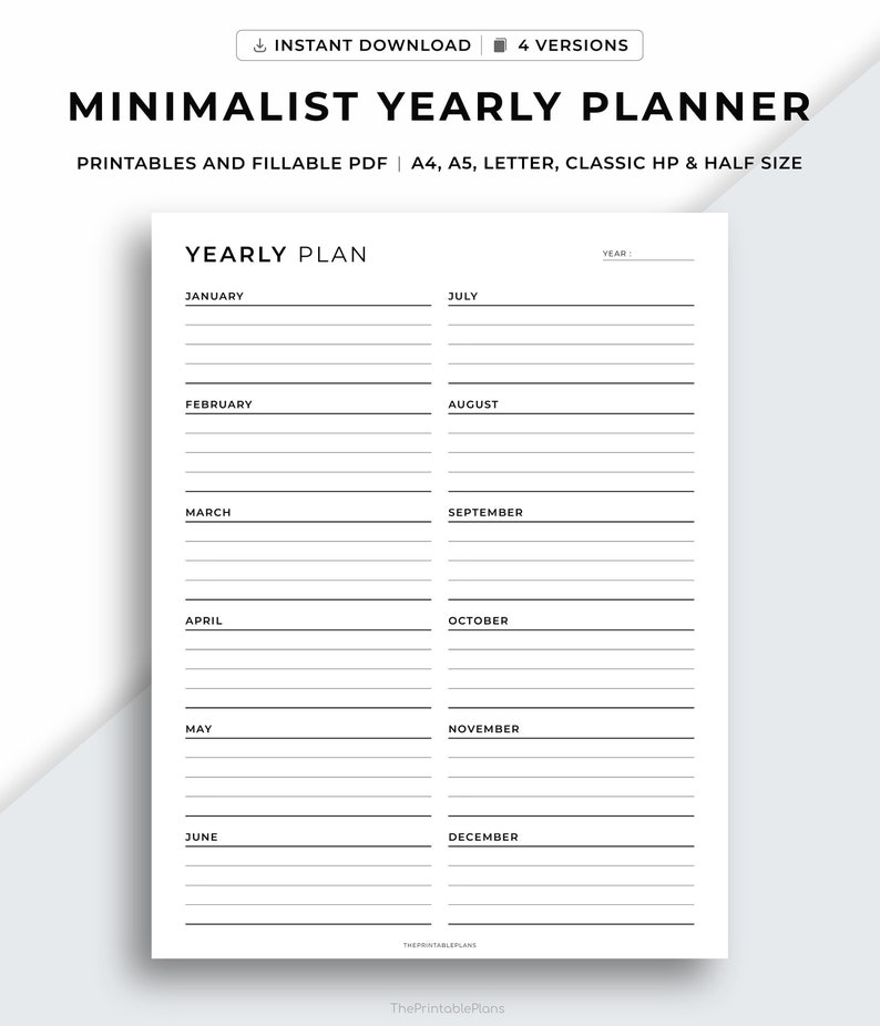 Minimalist Yearly Planner Year at a Glance Annual Overview - Etsy
