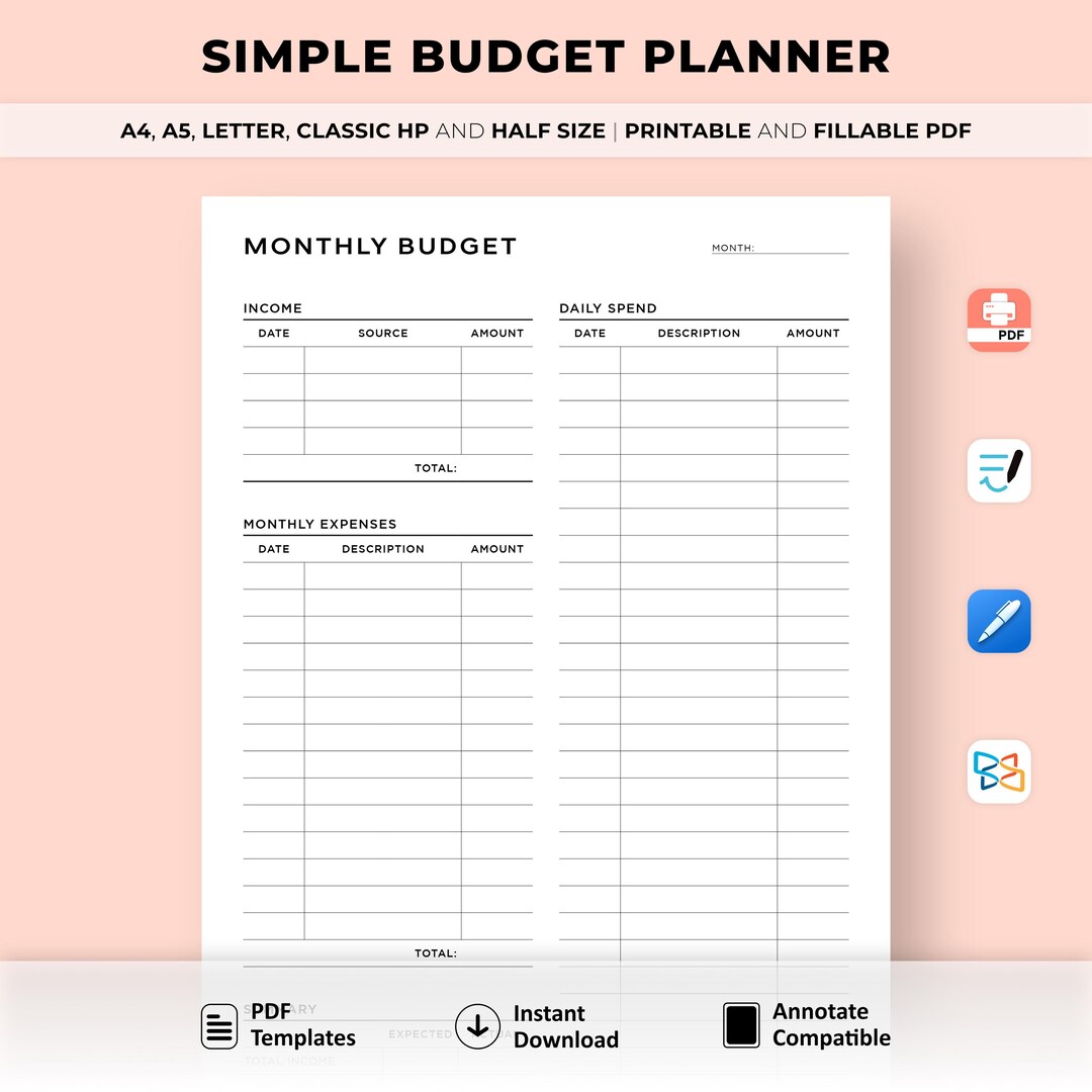 Simple Monthly Budget Planner Printable, Budget Tracker Template ...