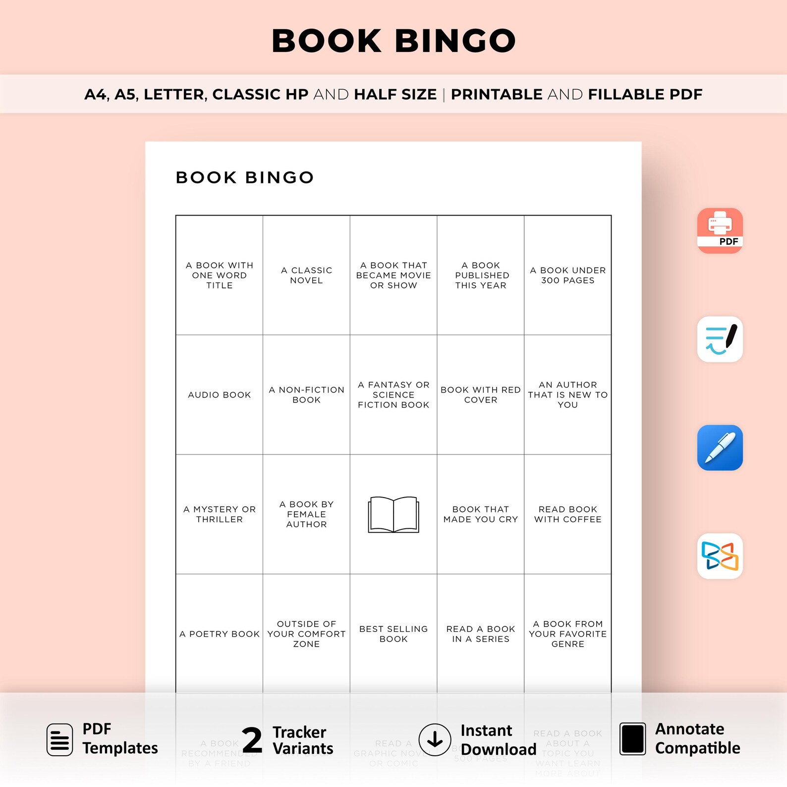 Book Bingo Template Printable, Reading Bingo Sheets, Reading Challenge ...