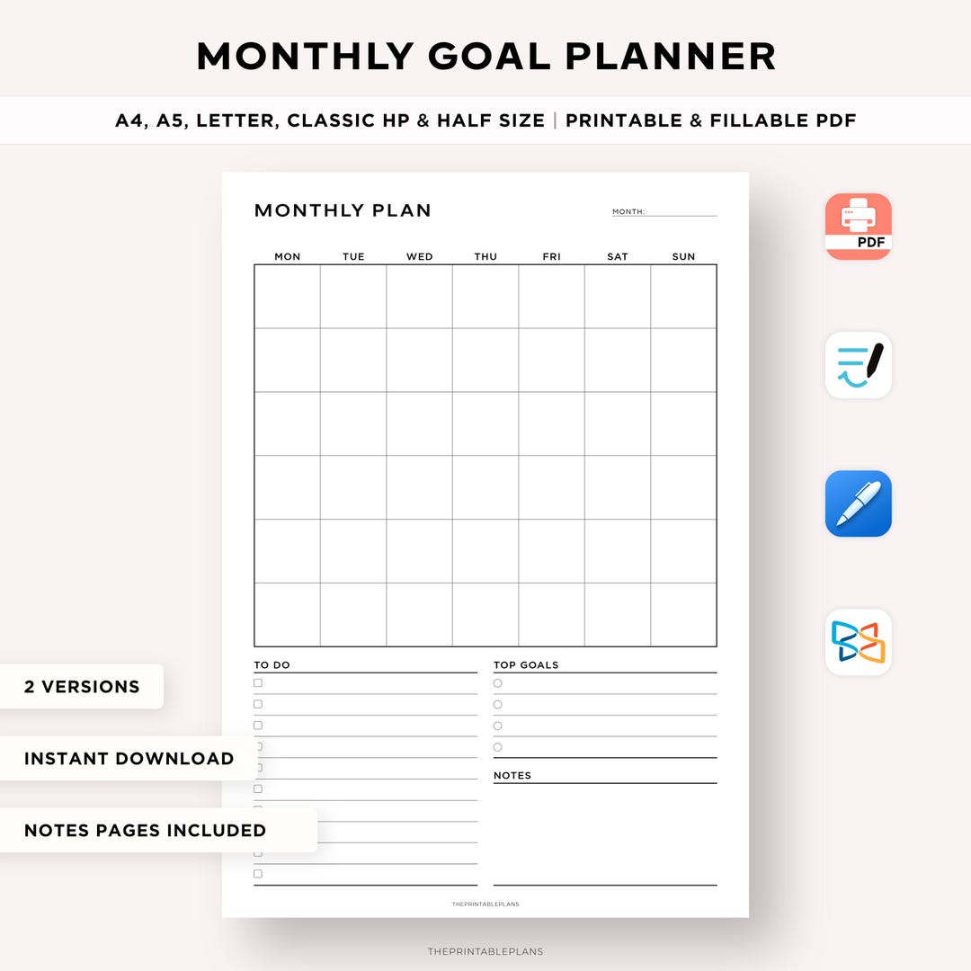 Monthly Planner Printable, Undated Monthly Organizer, Goal Planner ...