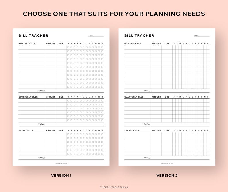 Monthly, Quartly, Yearly Bill Tracker on One Page Printable, Bill ...