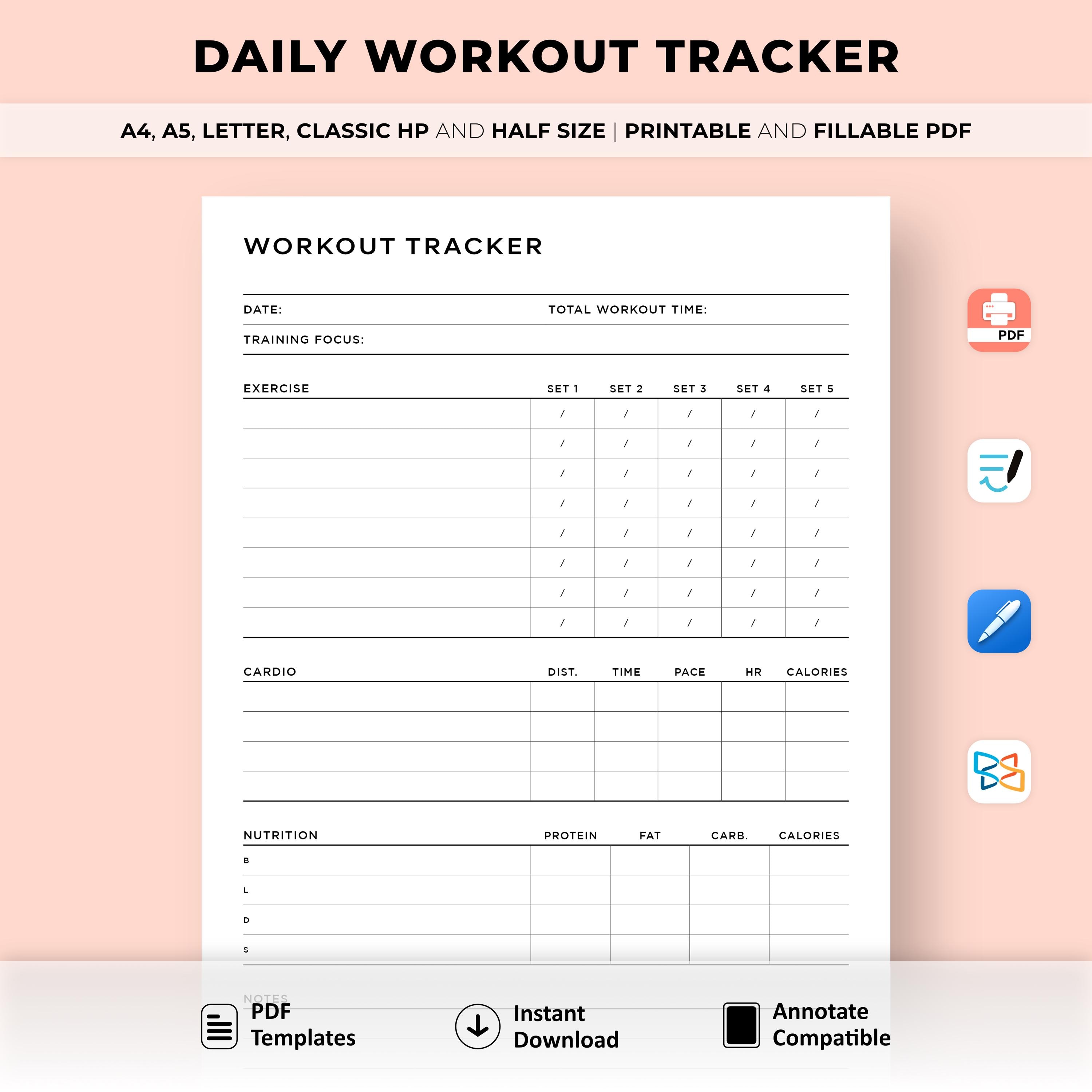 Workout Tracker Printable, Daily Exercise Log, Fitness Journal, Workout ...