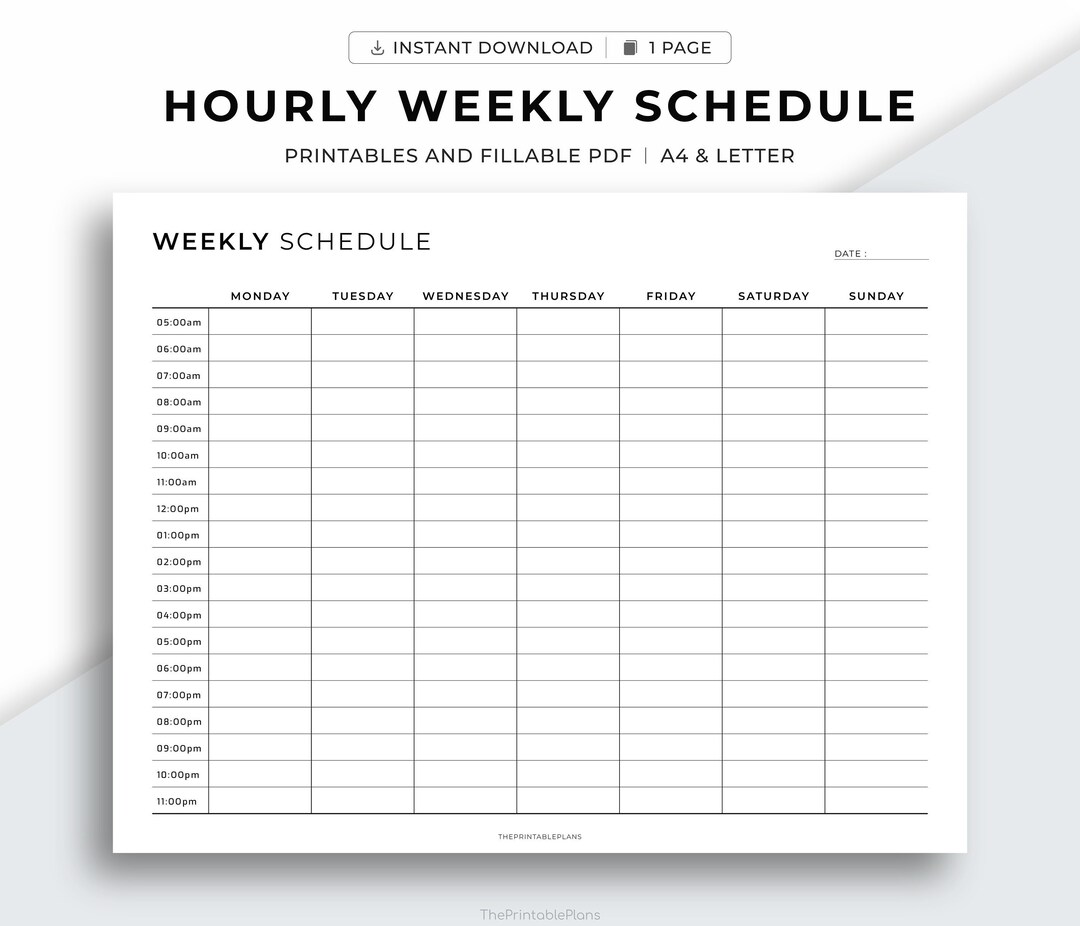 Hourly Weekly Schedule Landscape, Weekly Planner Printable, Week at a ...