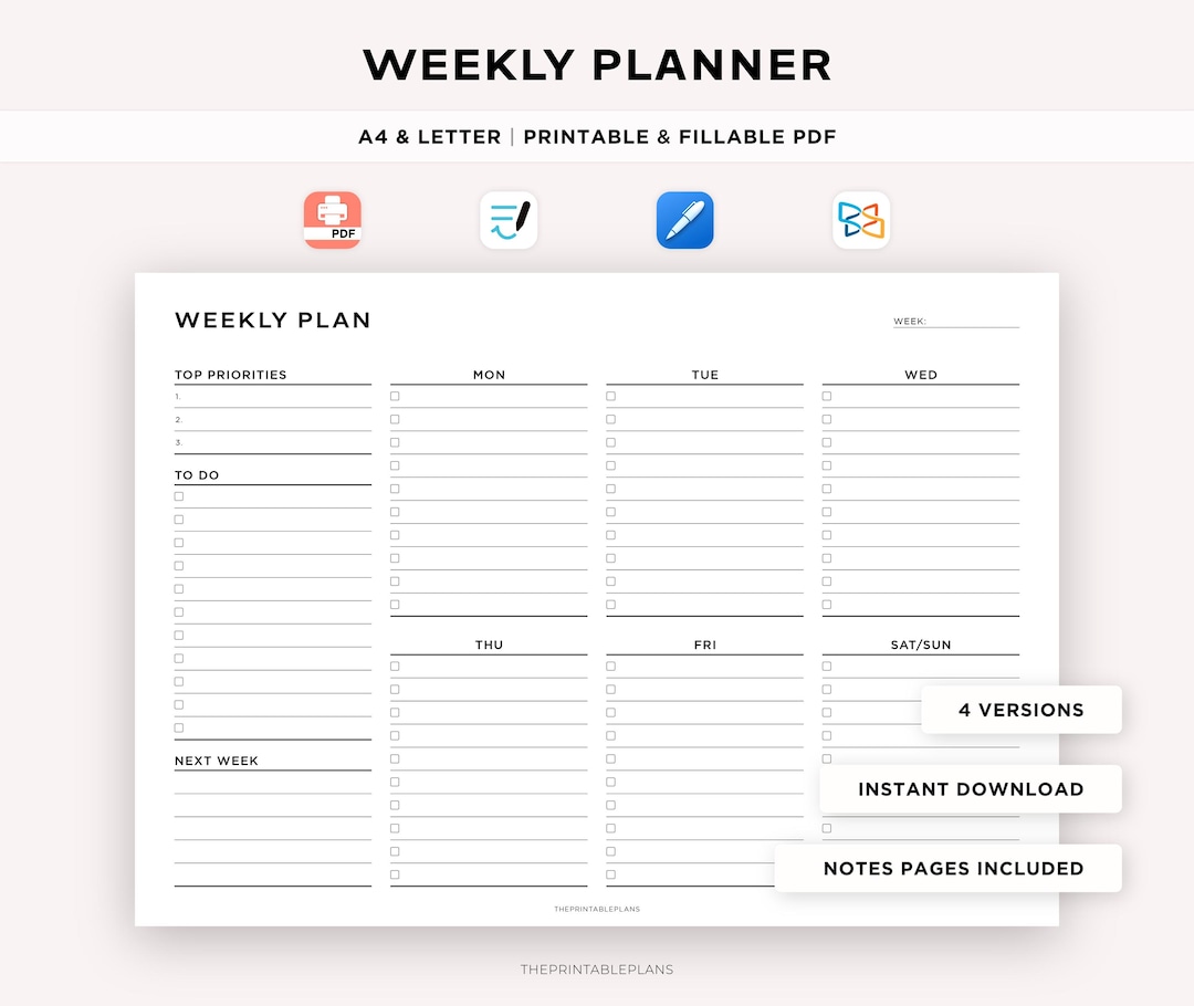Weekly Planner Printable, Weekly Agenda, Weekly Schedule, Week at a ...