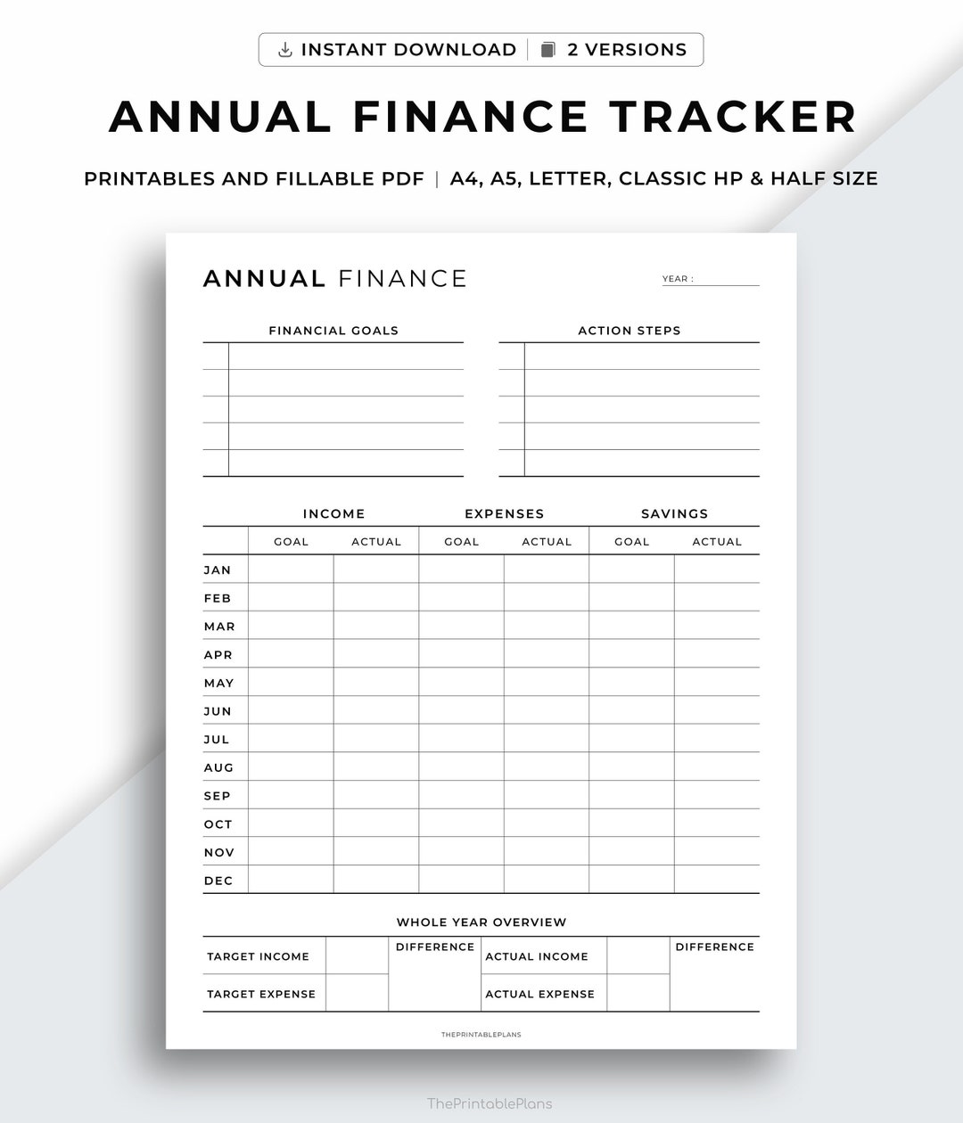 Annual Finance Planner Printable, Yearly Finance Overview, Yearly ...