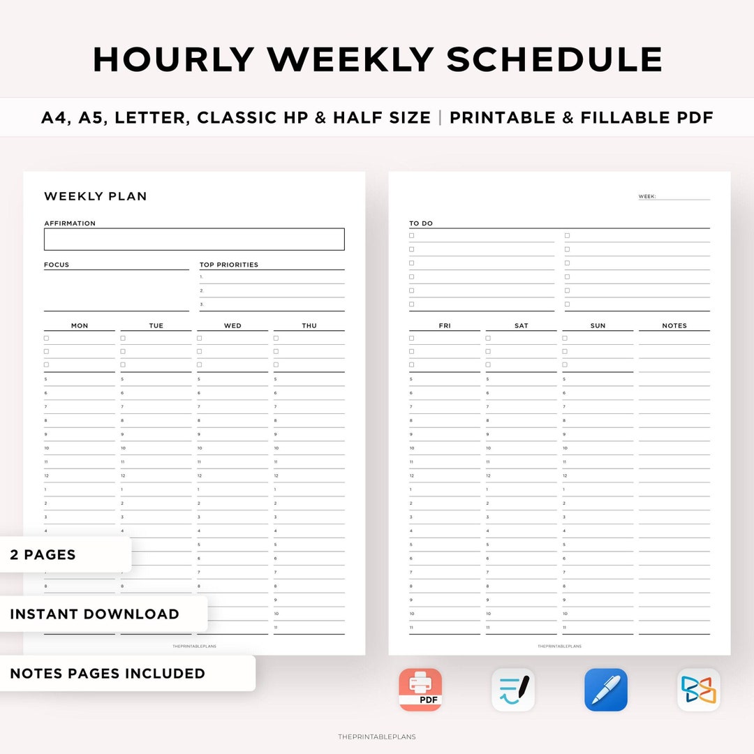 Hourly Weekly Schedule on Two Pages, Weekly Planner, Weekly Agenda ...