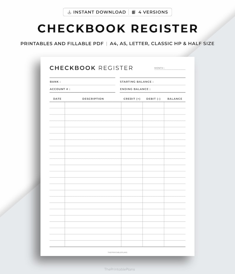 Checkbook Register Printable, Check Transaction Tracker, Checkbook ...