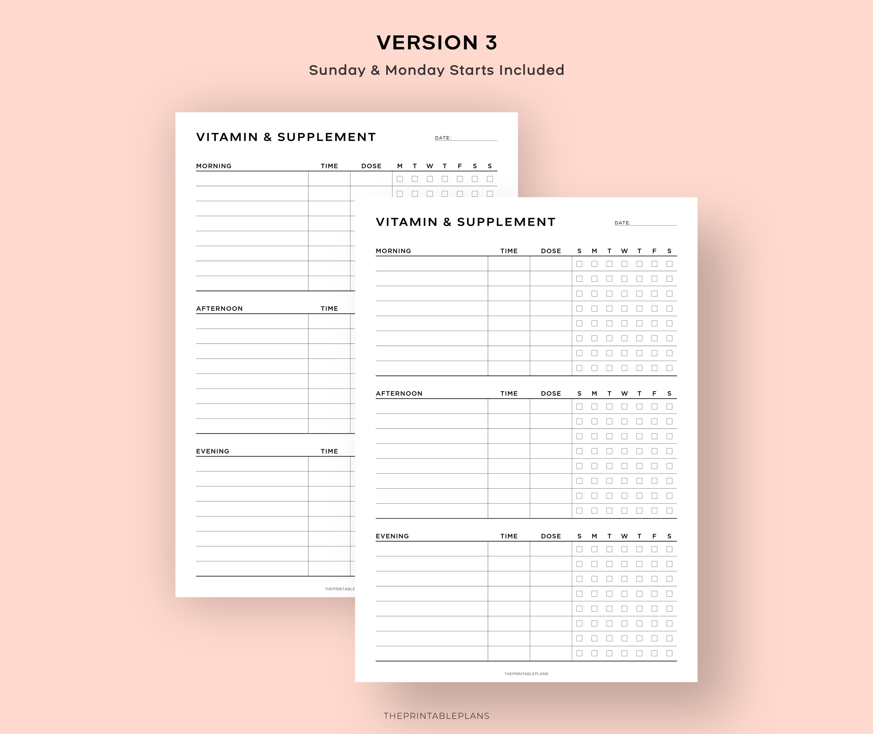 Daily Vitamin Tracker Printable, Supplement Checklist, Vitamin İntake ...