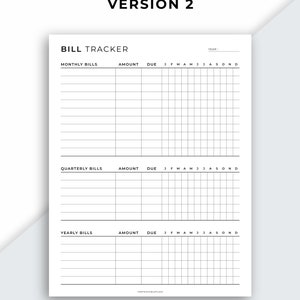 Monthly, Quartly, Yearly Bill Tracker on One Page Printable, Bill ...