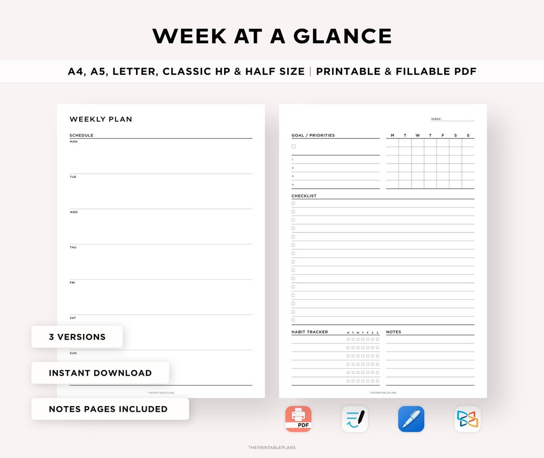 Weekly at a Glance, Weekly Planner Printable, Weekly Overview, Weekly ...