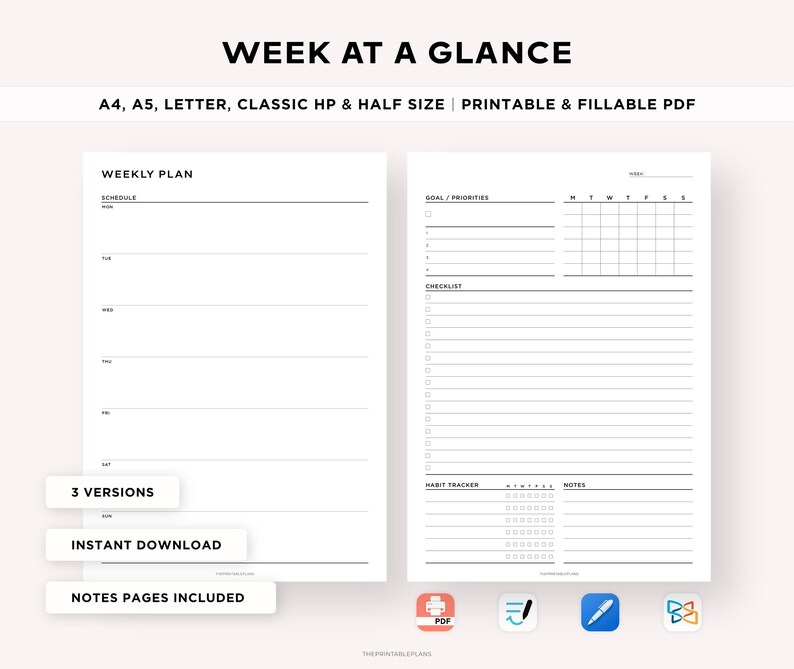 Weekly at a Glance, Weekly Planner Printable, Weekly Overview, Weekly ...