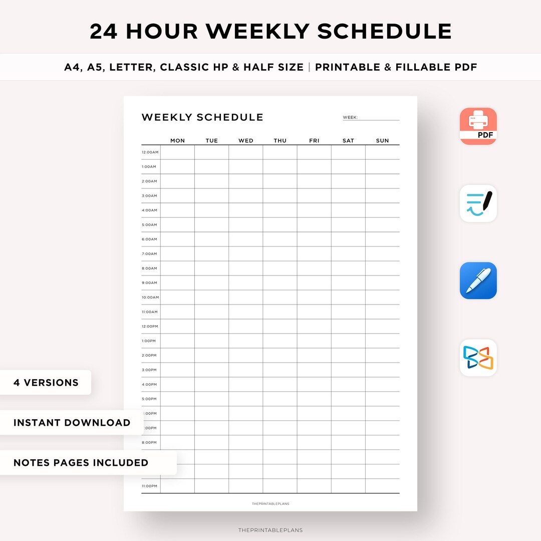 24 Hour Weekly Schedule, Hourly Weekly Planner, Week at a Glance ...