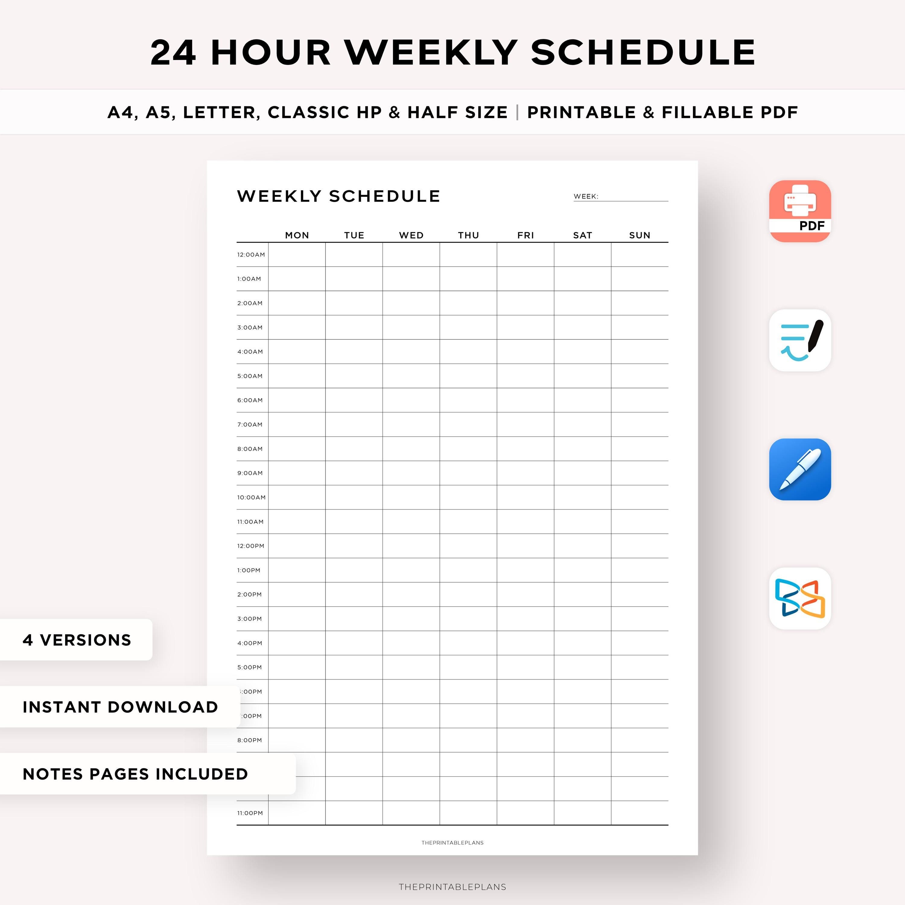 24 Hour Weekly Schedule, Hourly Weekly Planner, Week at a Glance ...