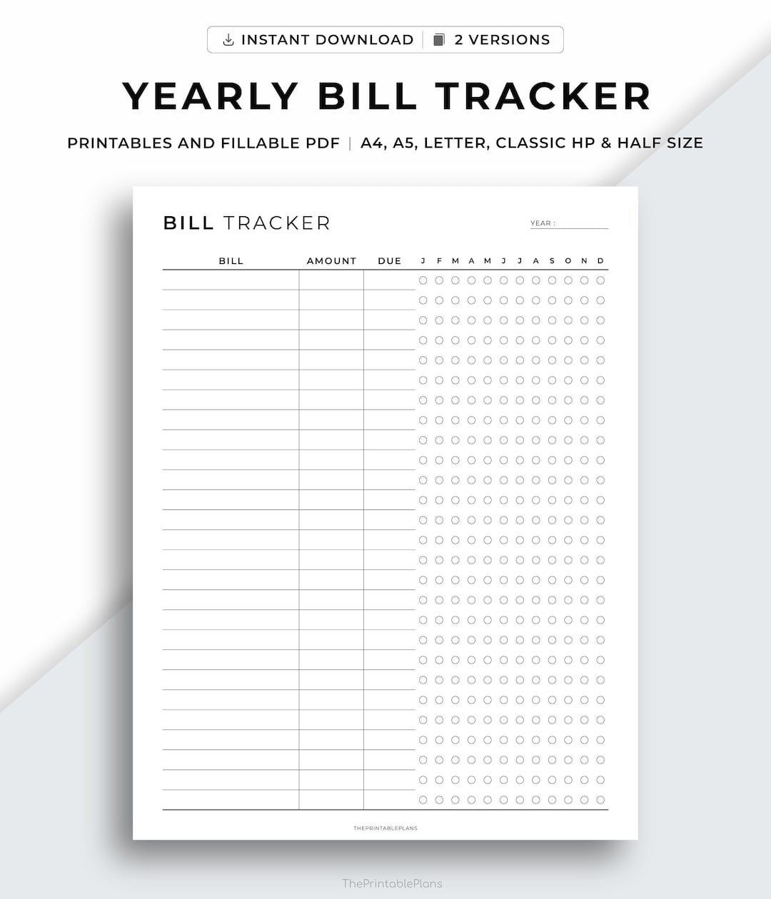 Yearly Bill Tracker Printable, Bill Payment Checklist, Bill Organizer ...