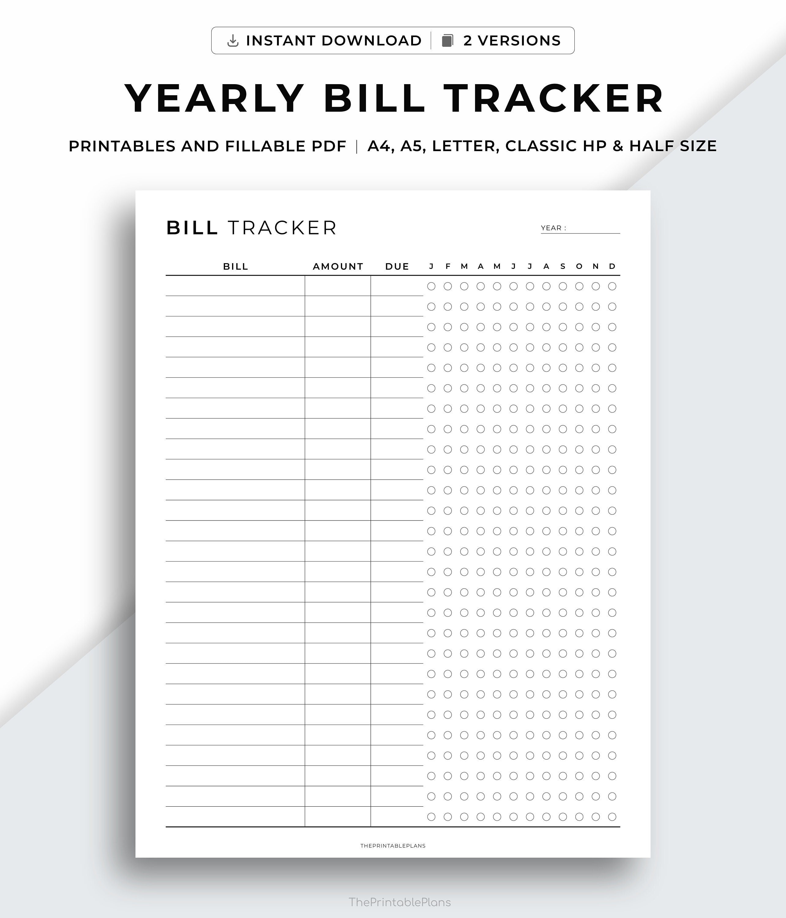 Yearly Bill Tracker Printable, Bill Payment Checklist, Bill Organizer ...