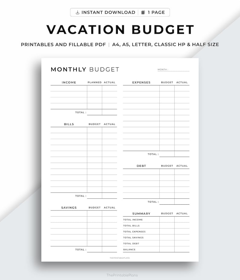 Vacation Budget Planner Printable, Travel Planner, Travel Spending ...