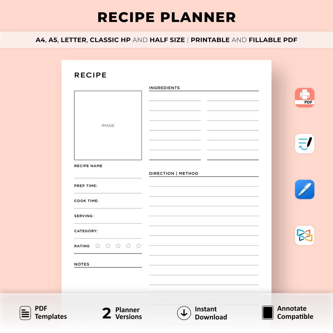 Recipe Book Template Printable, Blank Recipe Page, Cook Book Journal ...