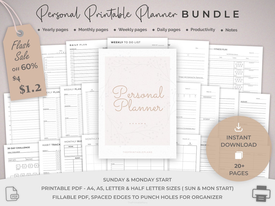 Printable Planner Personal Planner Bundle Daily Weekly - Etsy