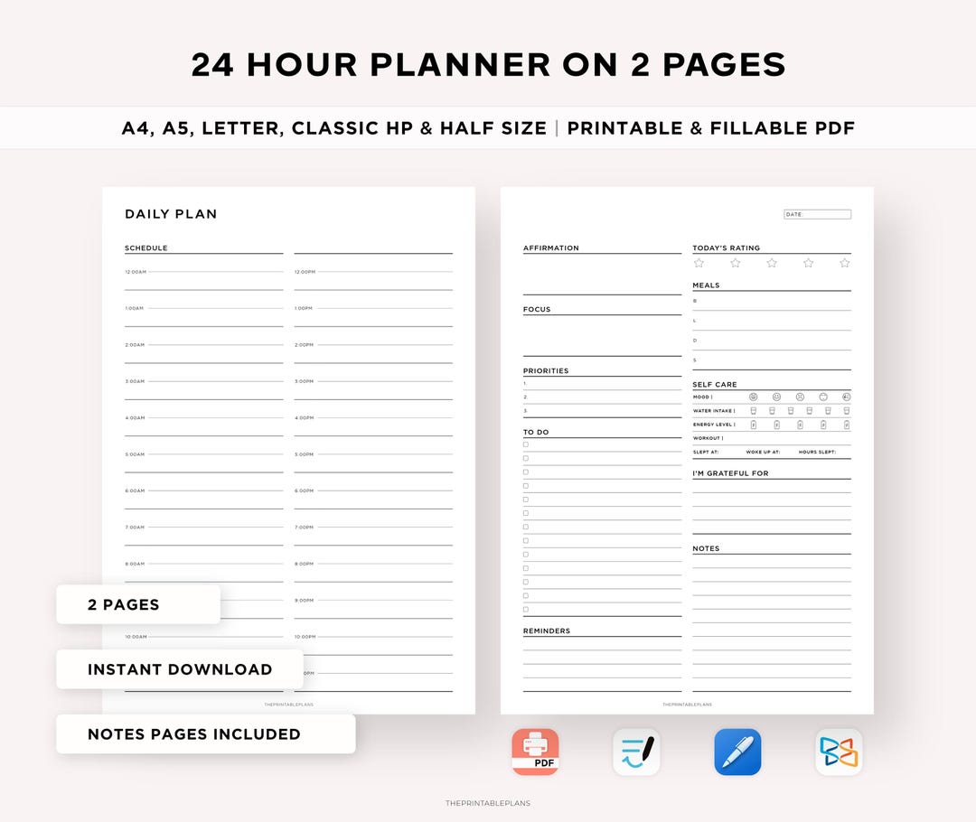 24 Hour Daily Planner on 2 Pages, Daily Hourly Planner Printable ...