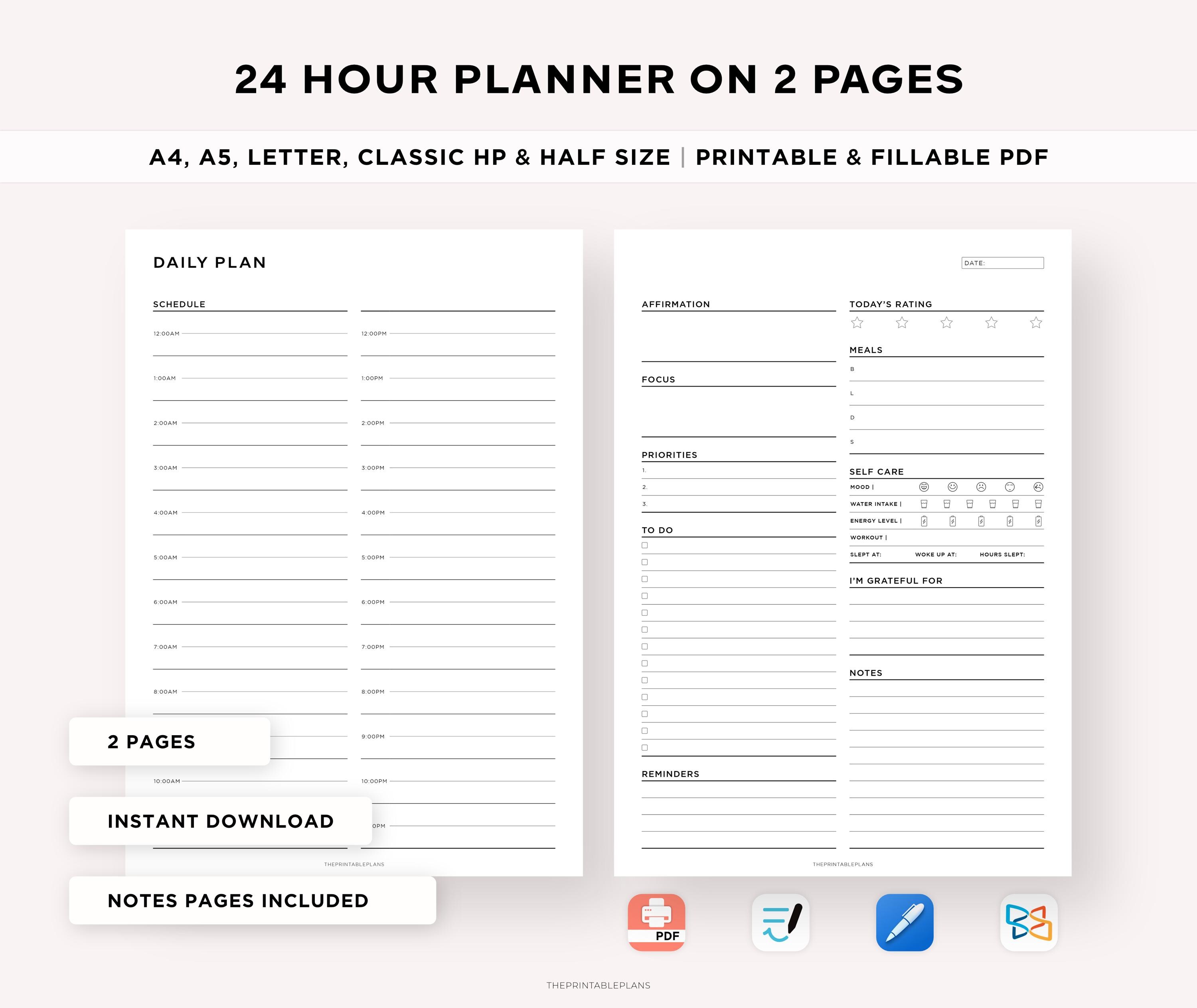 24 Hour Daily Planner on 2 Pages, Daily Hourly Planner Printable ...