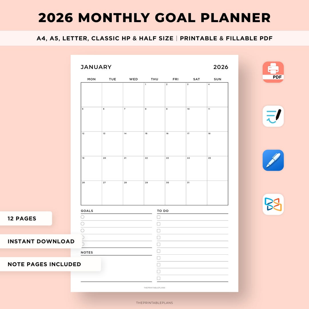2026 Monthly Goal Planner Printable, 2026 Calendar, Month at a Glance ...