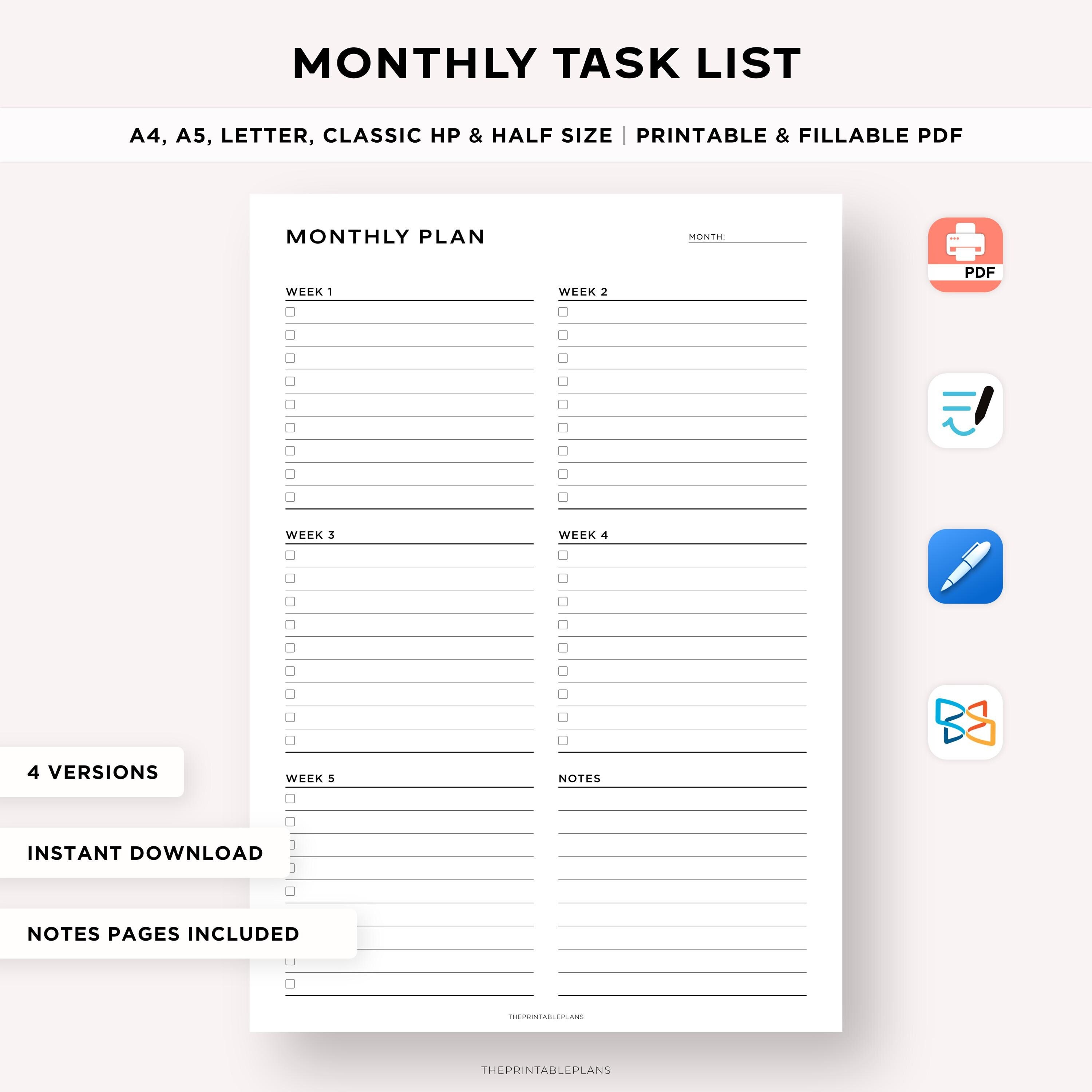 Monthly Task List, Monthly Planner Printable, to Do List Template ...