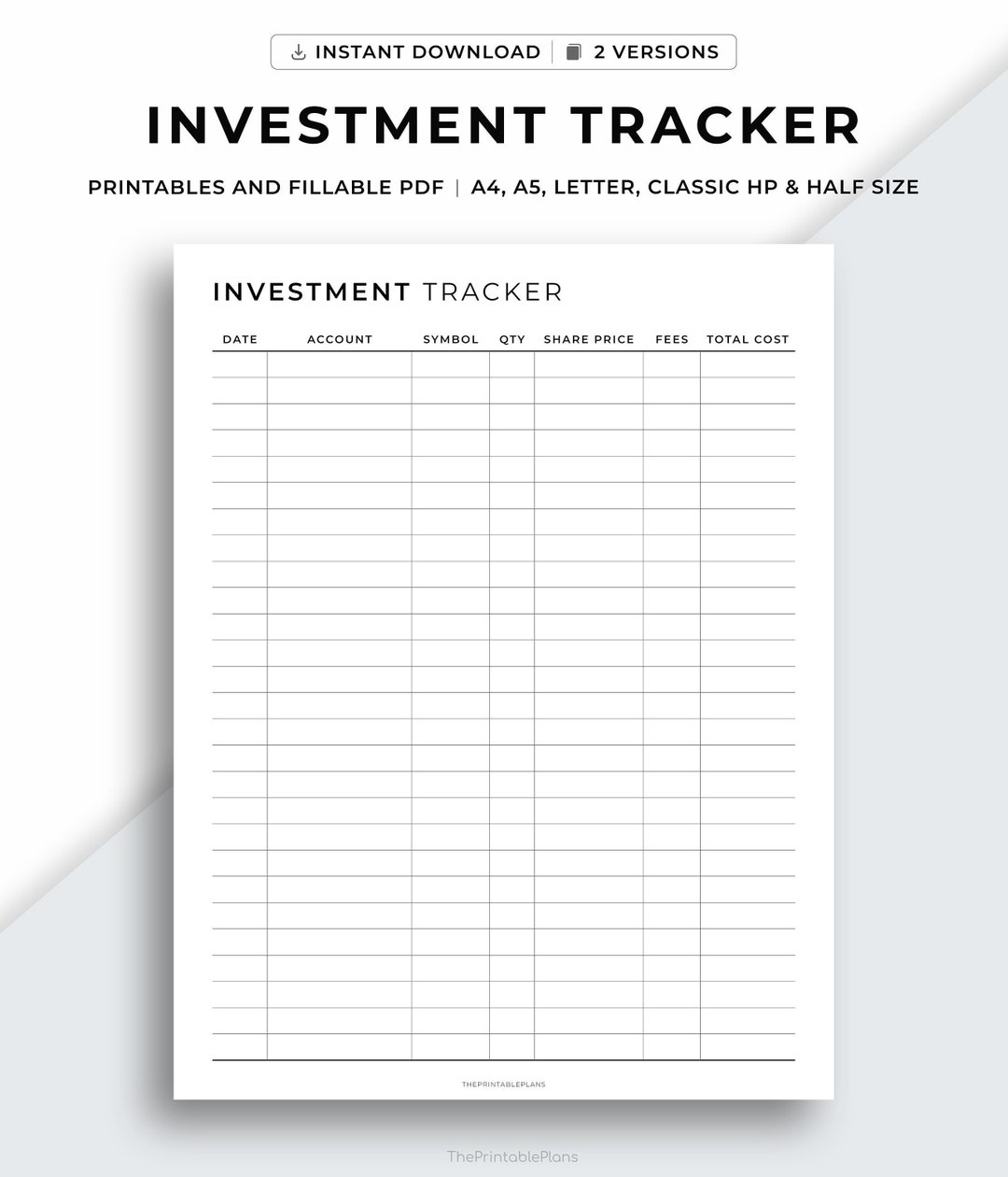 Investments Tracker Printable, Investment Planner, Investments ...
