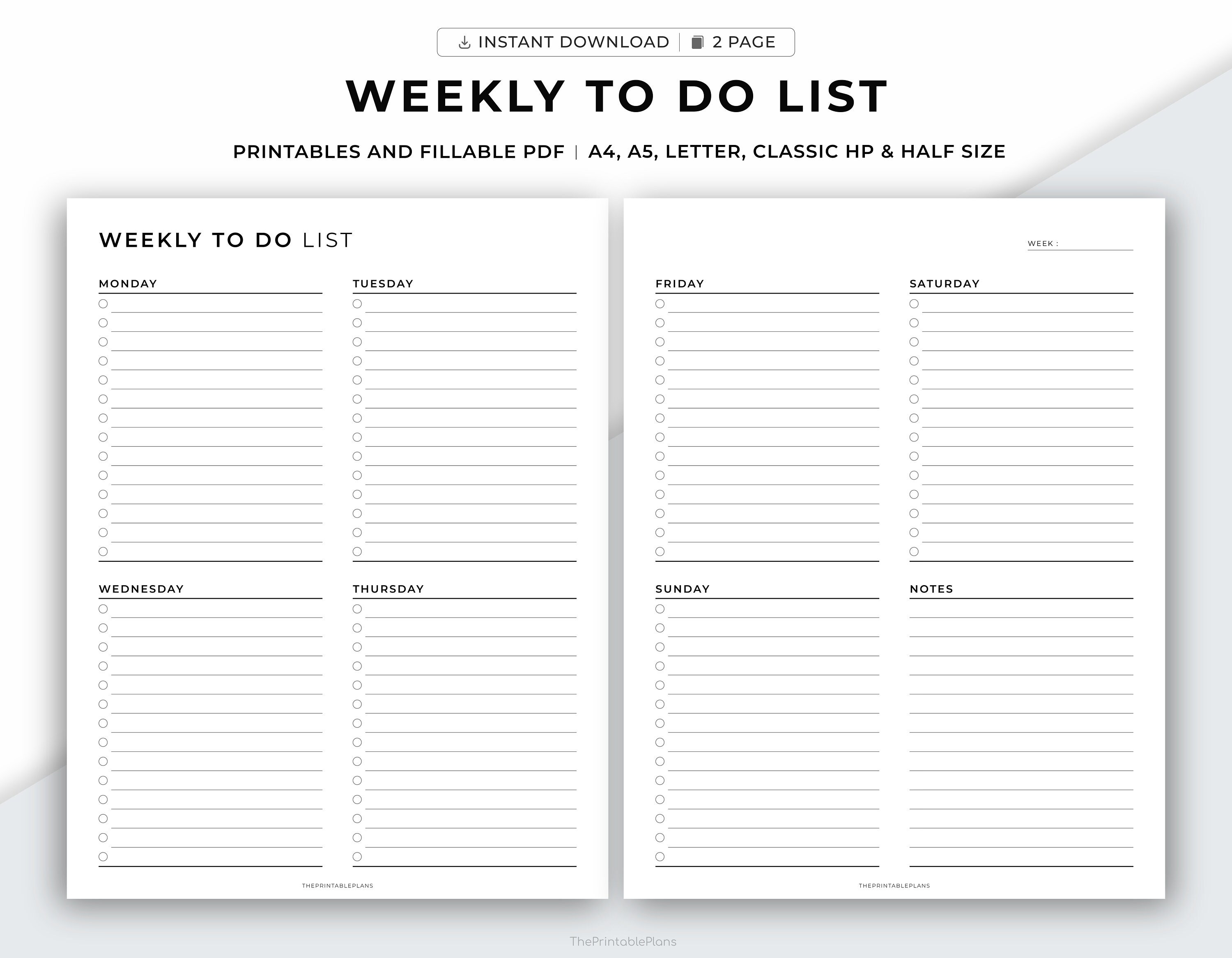 Weekly to Do List 2 Pages Printable, Weekly Task List, Weekly Checklist ...