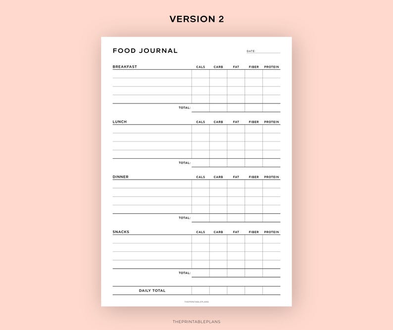 Food Journal Printable, Daily Food Diary Printable, Daily Food Journal ...